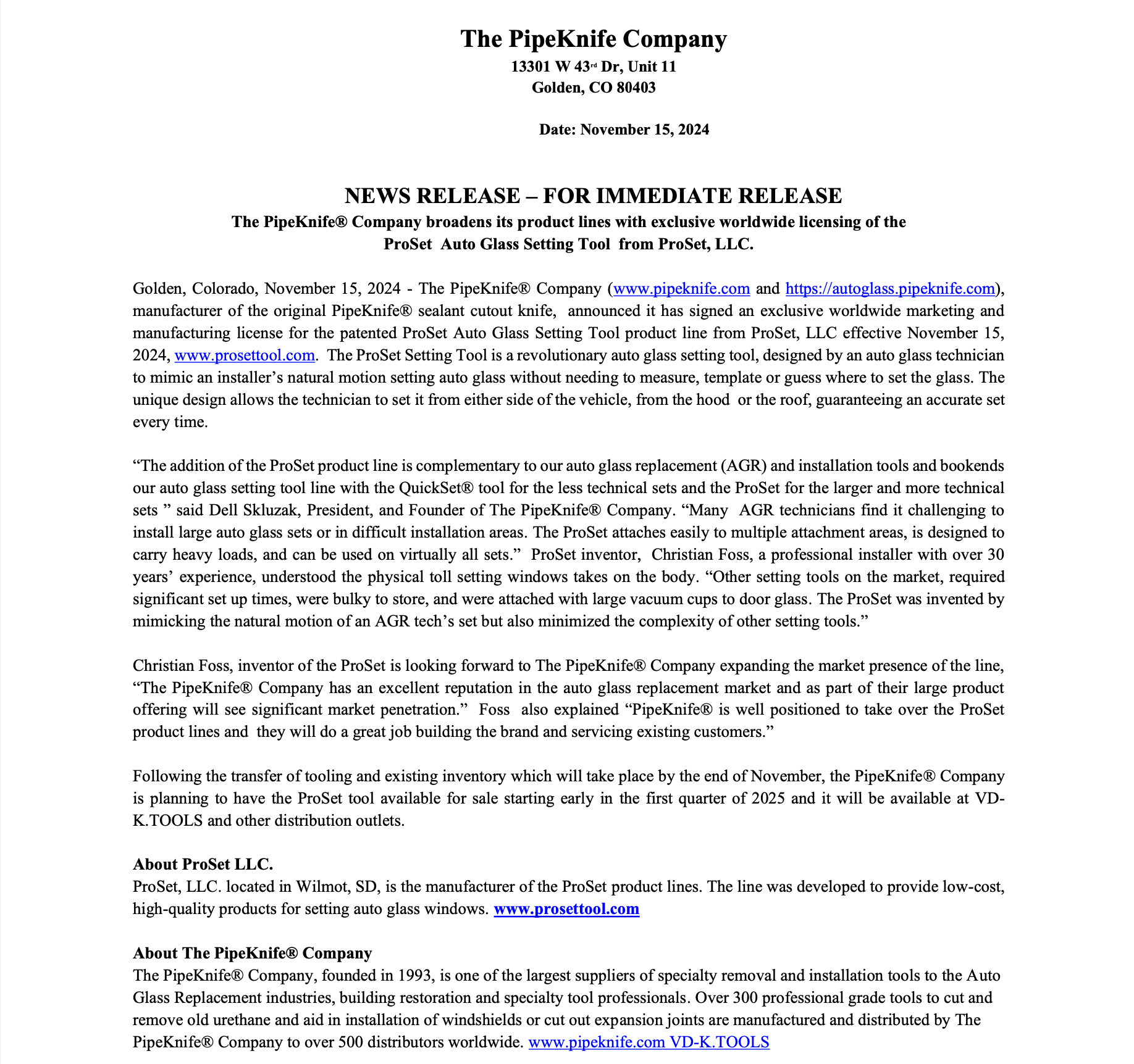 ProSet Setting Tool - All Orders on Hold until 2025. See Press Release ...